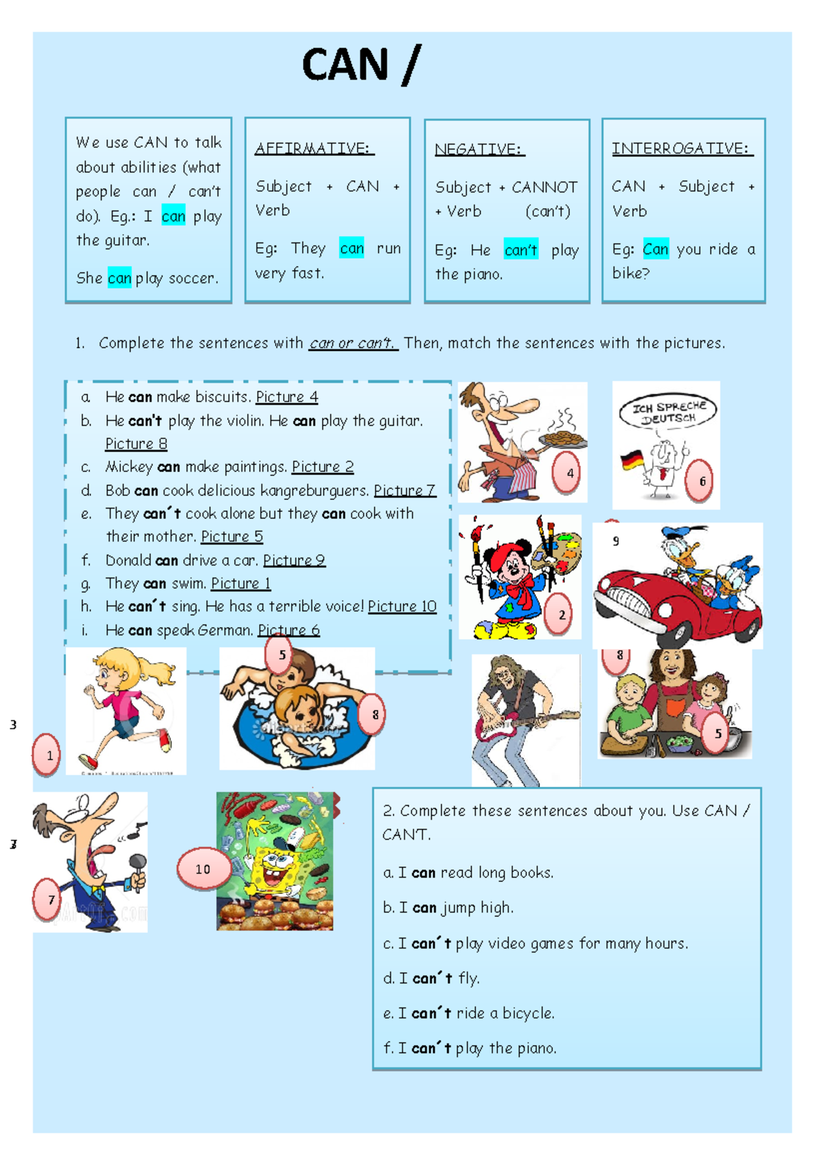 Can practice 01 - Complete the sentences with can or can’t. Then, match ...