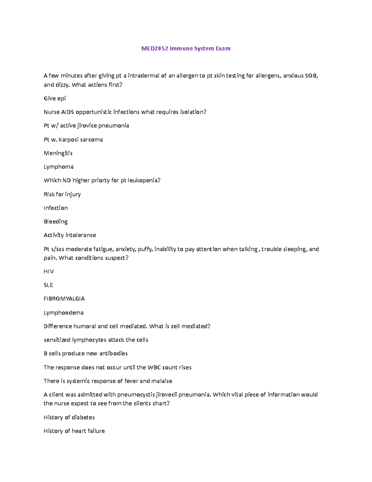 Immune TTR Maggie - Exam study guide - Med 2052 - Stanbridge - Studocu