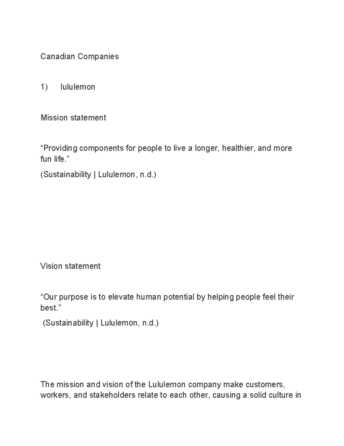 Weekly Forum 1 - discussions in class - Canadian Companies lululemon ...