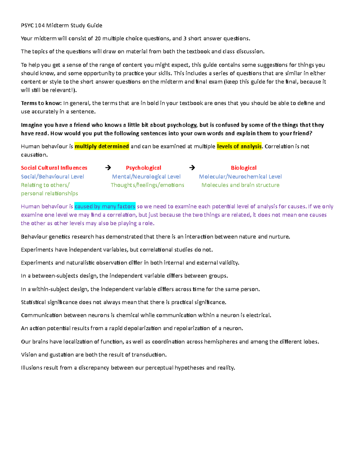 Midterm Study Guide 2022 - PSYC 104 Midterm Study Guide Your midterm ...