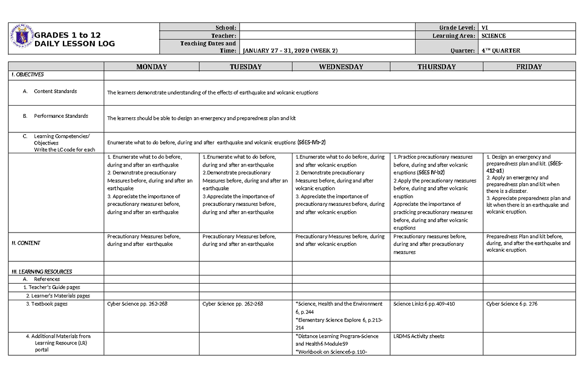 DLL Science 6 Q4 W2 - Large Institution - GRADES 1 to 12 DAILY LESSON ...