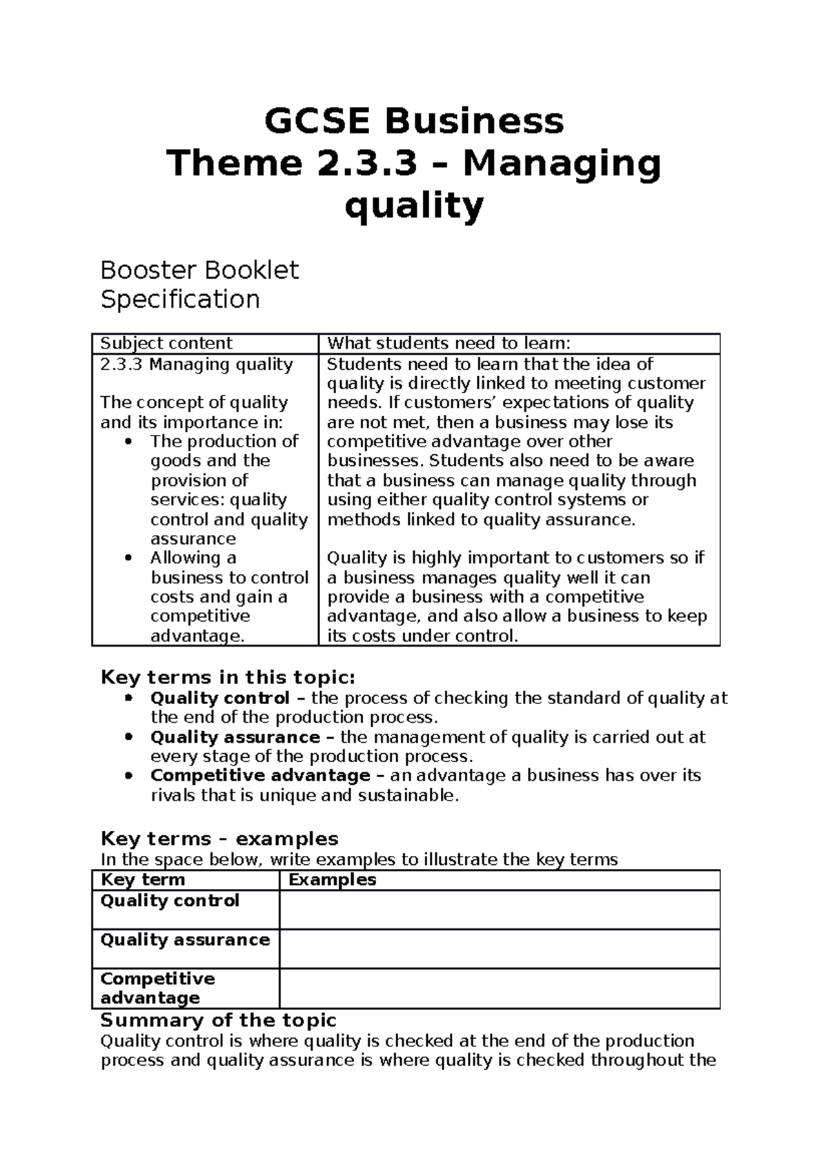 2.3.3 Managing quality - GCSE Business Theme 2.3 – Managing quality ...
