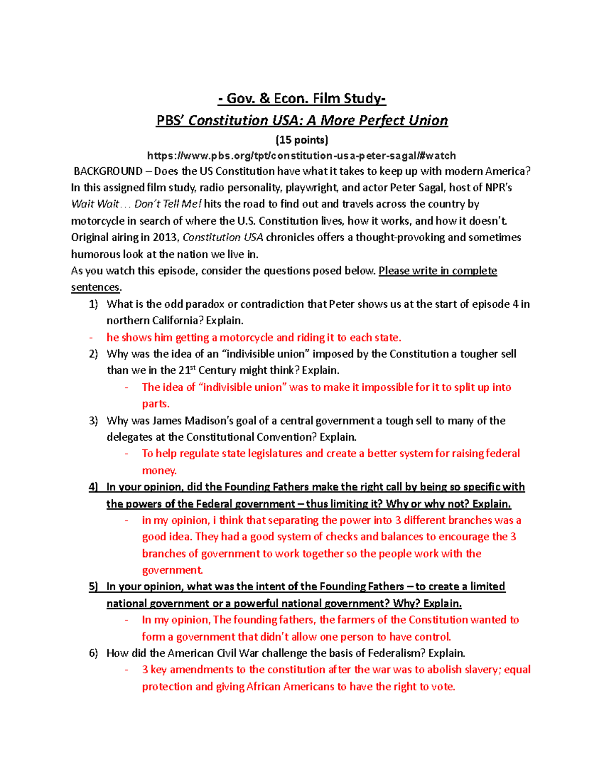 PBS’ Constitution USA A More Perfect Union - Gov. & Econ. Film Study ...