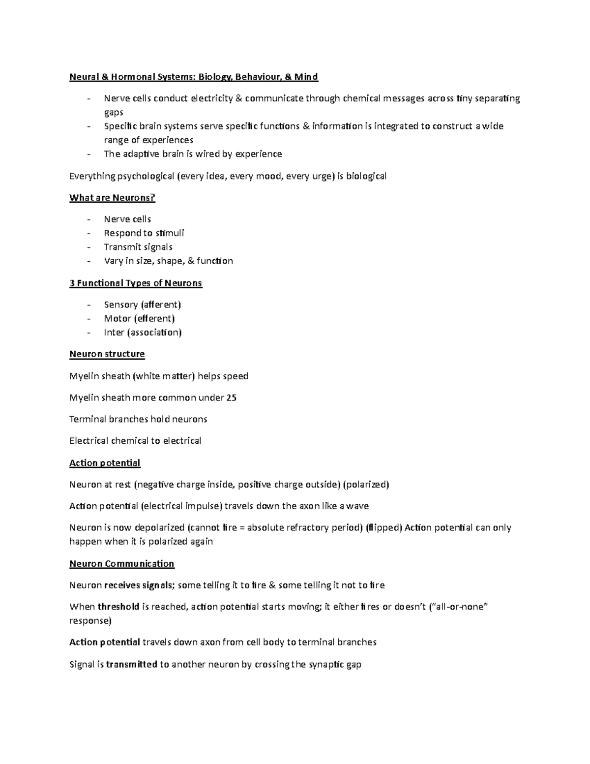 Psyc 100a Chapter 2 Biology of the mind - Neural & Hormonal Systems ...