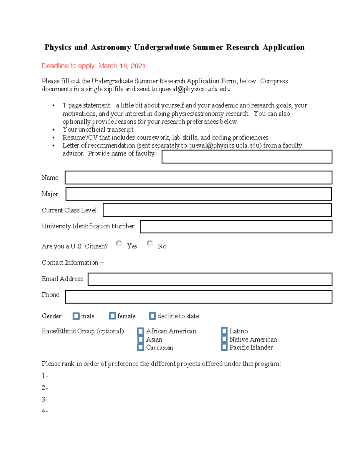 Undergraduate summer research application 2021 - Physics and Astronomy Undergraduate Summer ...