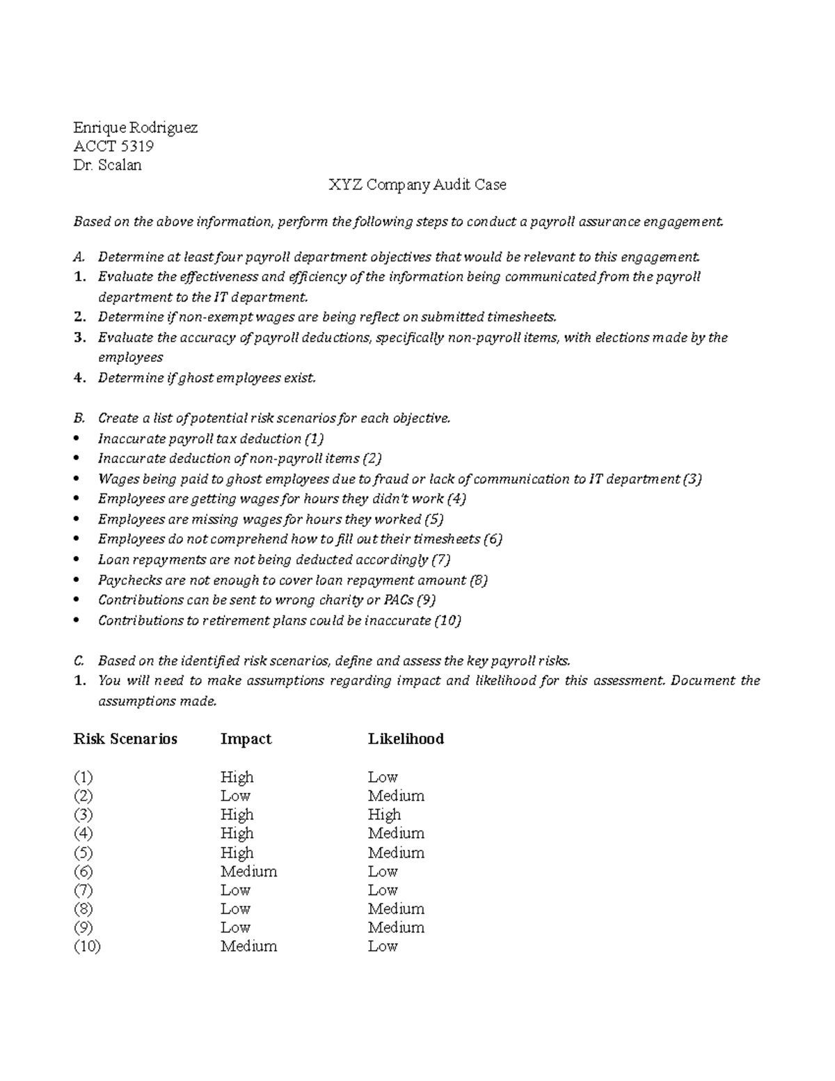 XYZ Company Audit Case - Homework assignment given from the course and ...