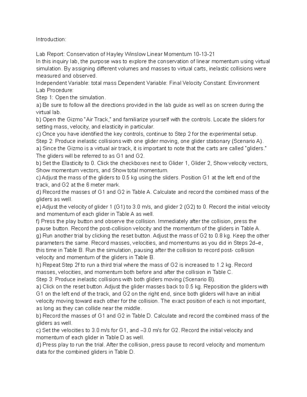 Lap report - Introduction: Lab Report: Conservation of Hayley Winslow ...