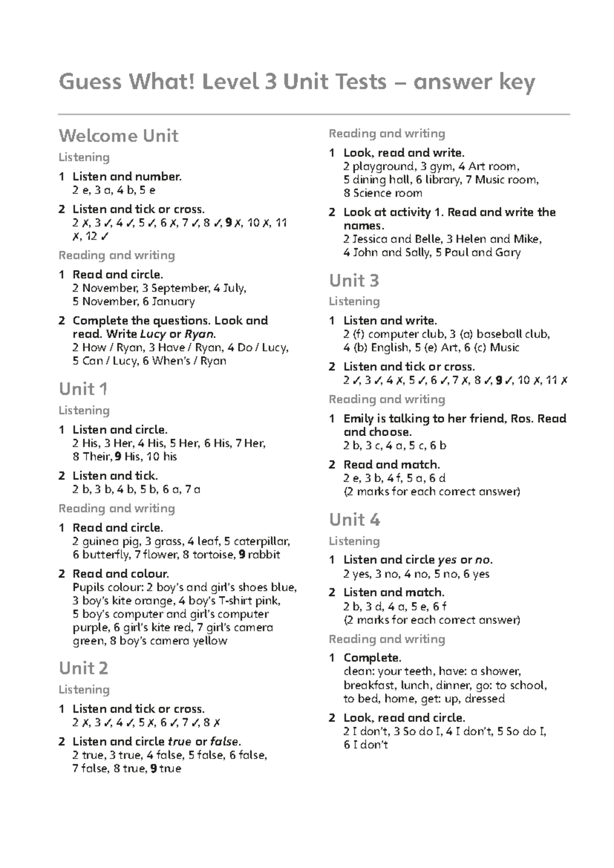 Gw l3 answer key unit tests new - Welcome Unit Listening 1 Listen and ...