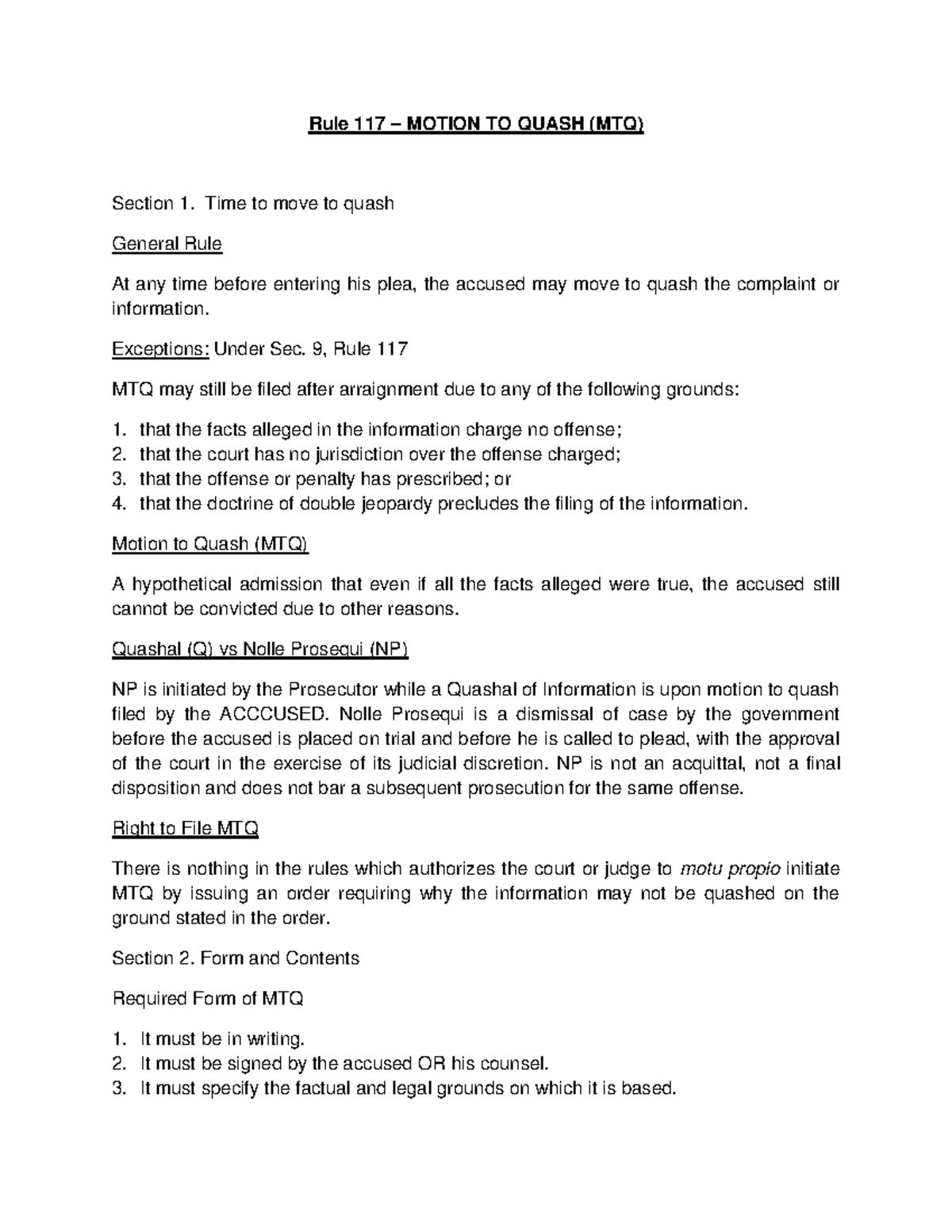 RULE 117 Concept - Summary Evidence - Rule 117 – MOTION TO QUASH (MTQ ...