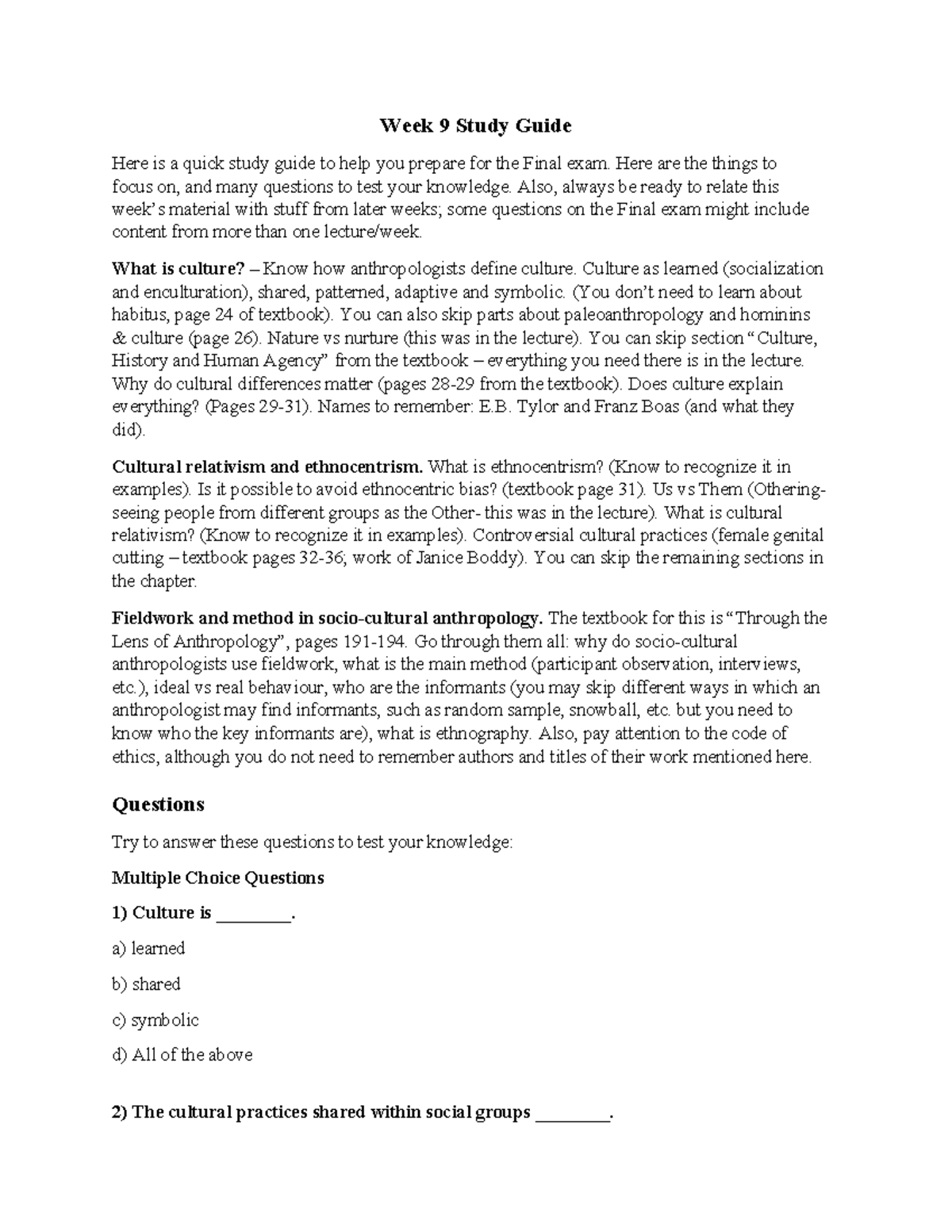 Study Guide Week 9 - Week 9 Study Guide Here is a quick study guide to ...