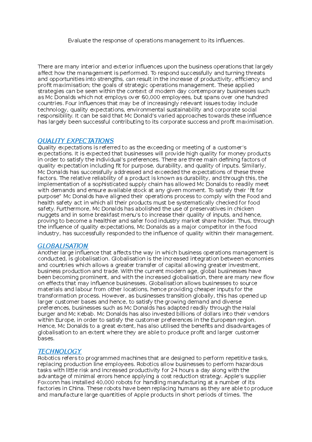 Influences on Operations Essay - Evaluate the response of operations ...