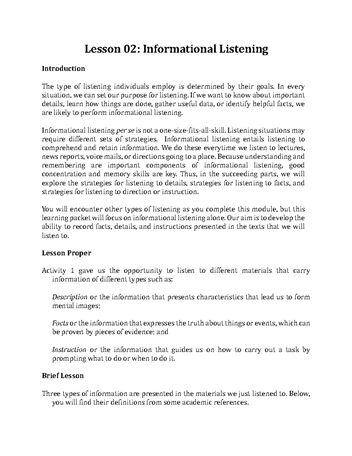 Lesson 2 - Informational Listening - Reading and Thinking Skills for ...