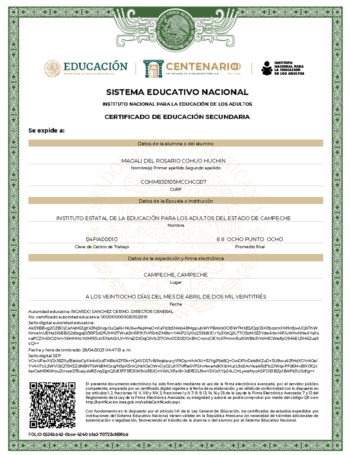 Certificado INEA - NINGUNA - SISTEMA EDUCATIVO NACIONAL INSTITUTO NACIONAL PARA LA EDUCACI”N DE ...