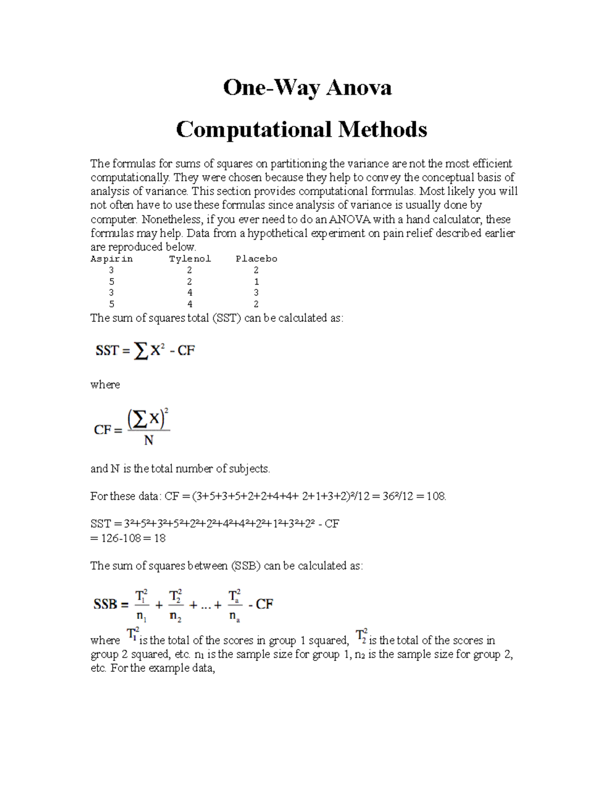 Unit 5 Reading 2 - Professor Bonem Unit 5 - One-Way Anova Computational Methods The formulas for ...