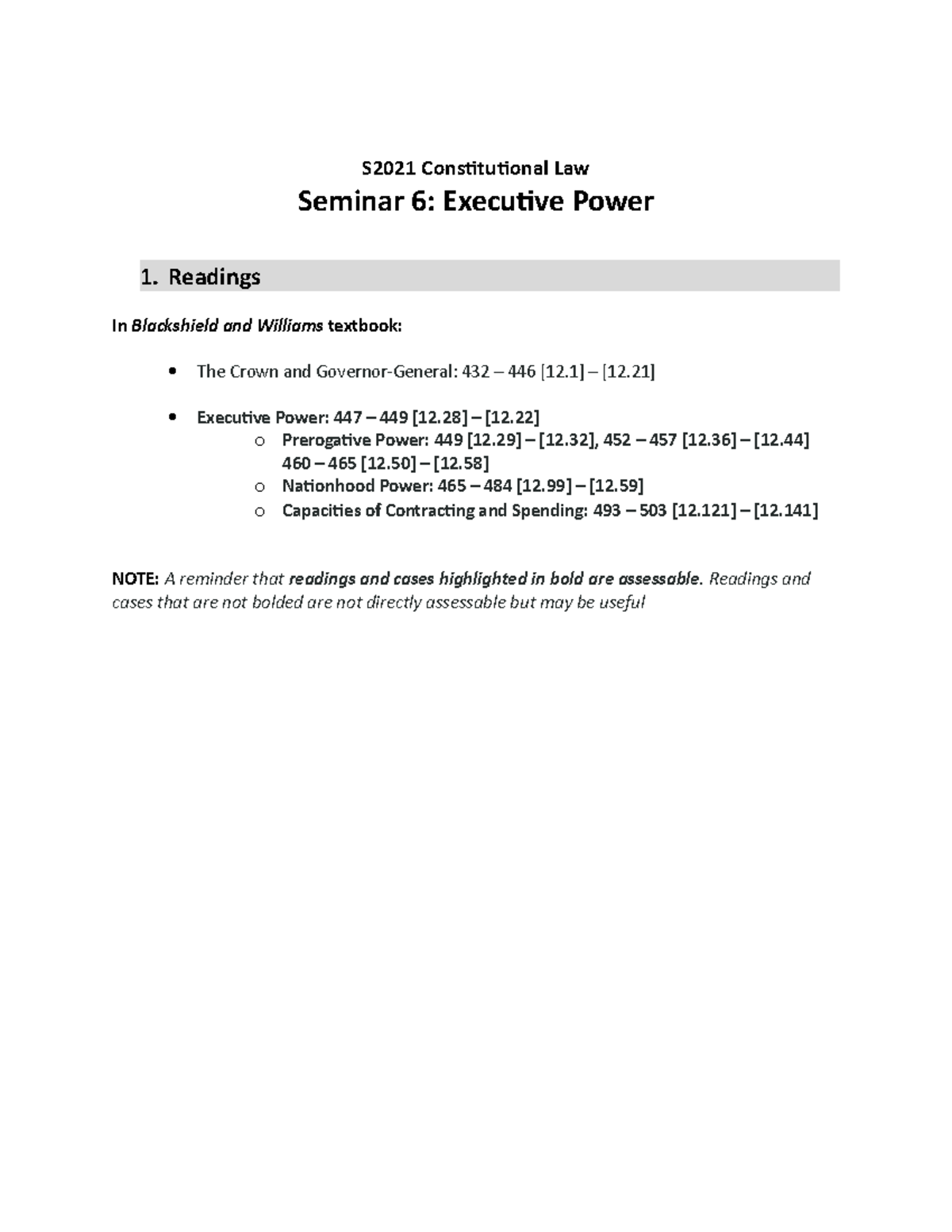 S21 ACL 6 - Executive - notes - S2021 Constitutional Law Seminar 6 ...