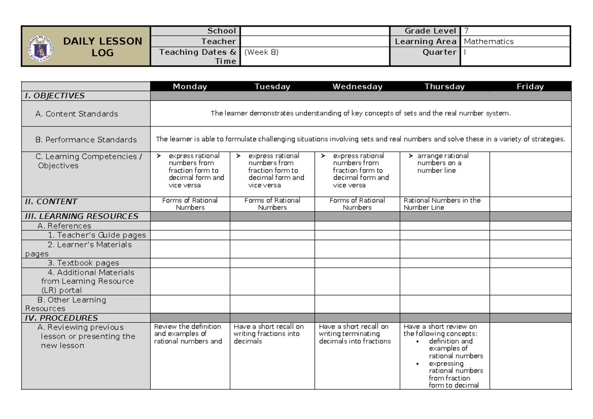 Sample-Grade-7-DLL-Q1W8 - DAILY LESSON LOG School Grade Level 7 Teacher ...