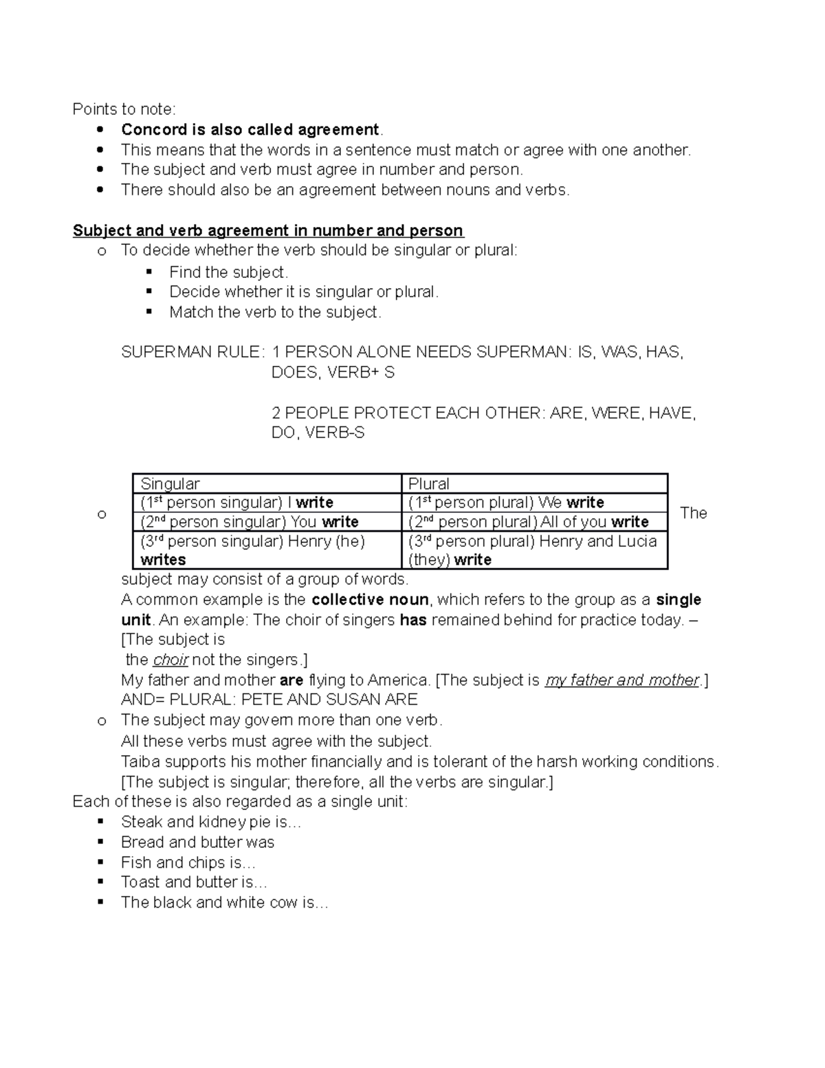 Concord Worksheet - Points to note: Concord is also called agreement ...