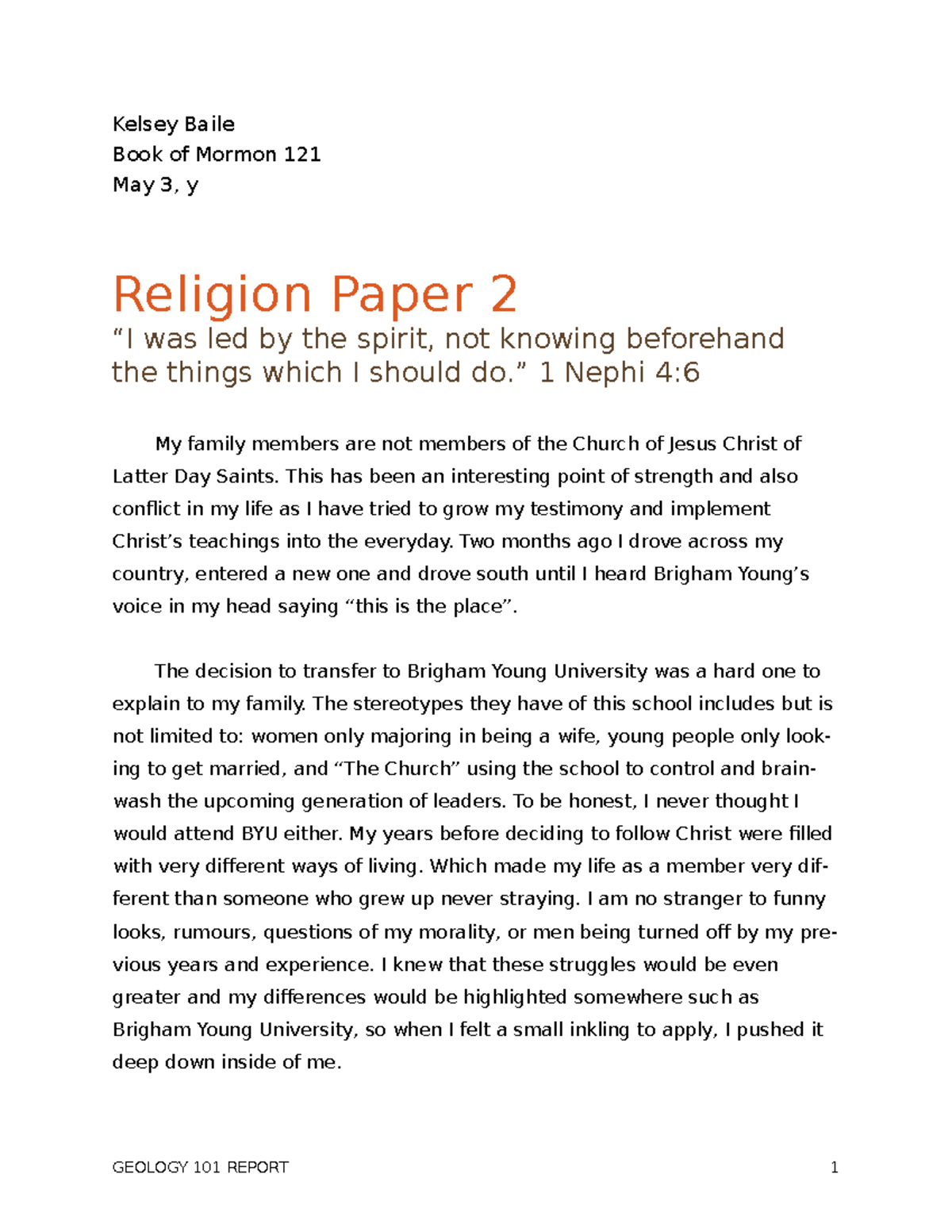 Religion 2 - Kelsey Baile Book of Mormon 121 January 24, y Religion ...