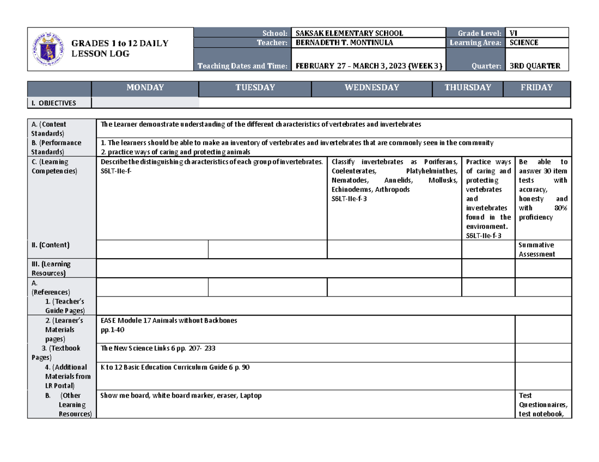 Science DLL WEEK 3 - GRADES 1 to 12 DAILY LESSON LOG School: SAKSAK ...