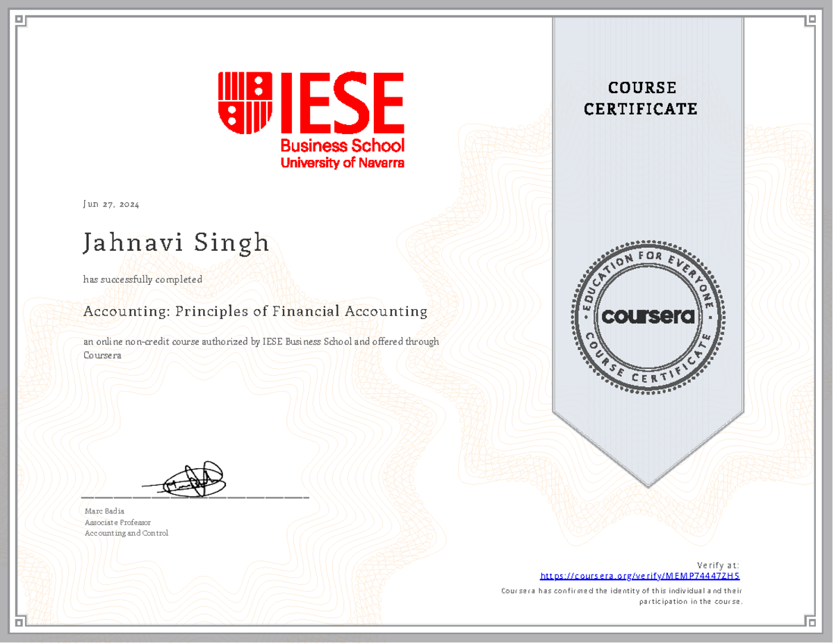Coursera Accounting Certificate - J un 2 7, 2 02 4 Ja hn a vi Si n gh ...