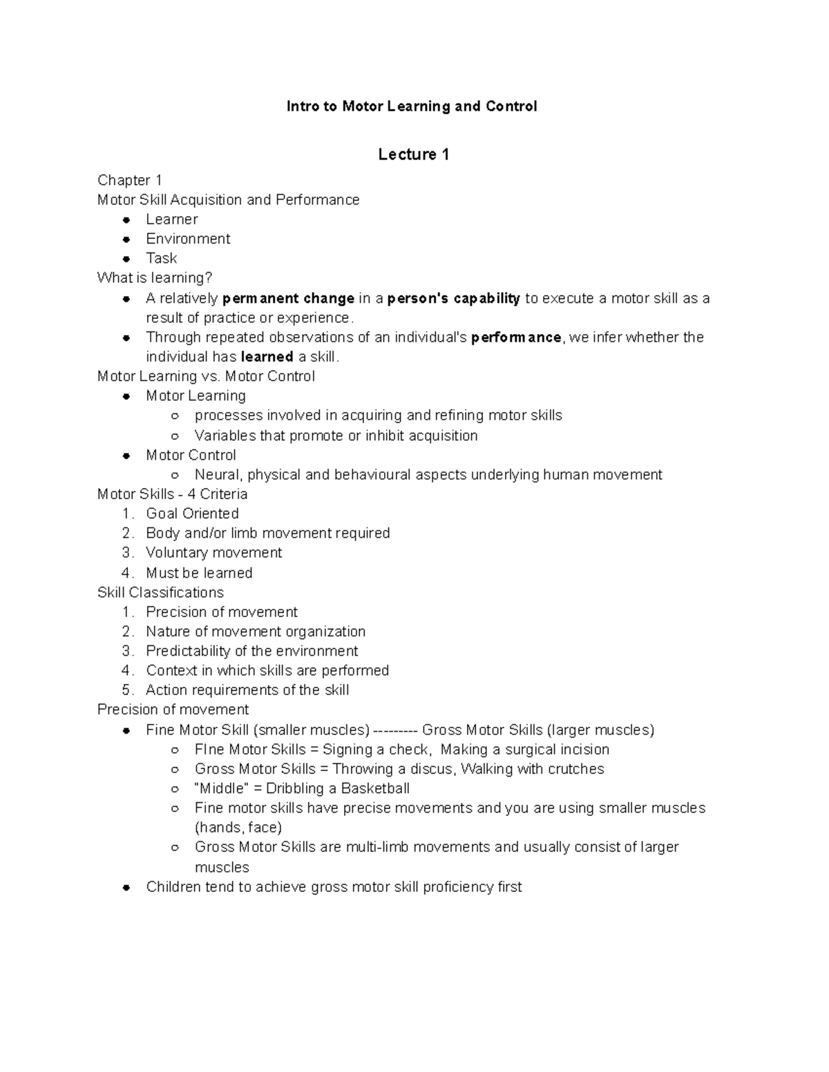 KP161 - Lecture notes 1-12 - Intro to Motor Learning and Control ...