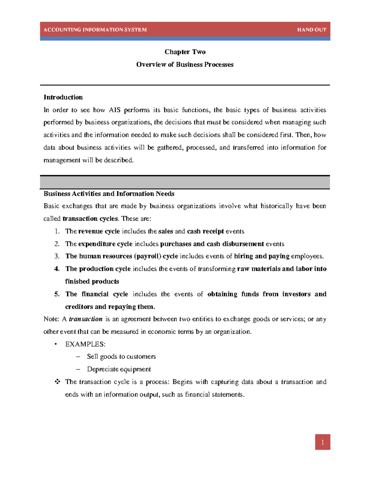 AIS Chap 2, 2022 - Chapter Two Overview of Business Processes ...