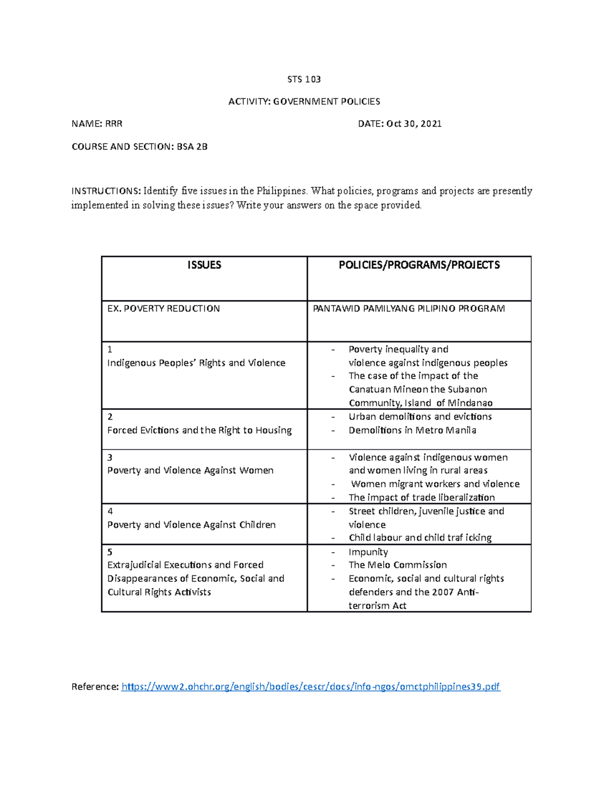 STS Activity Government Policies - STS 103 ACTIVITY: GOVERNMENT ...