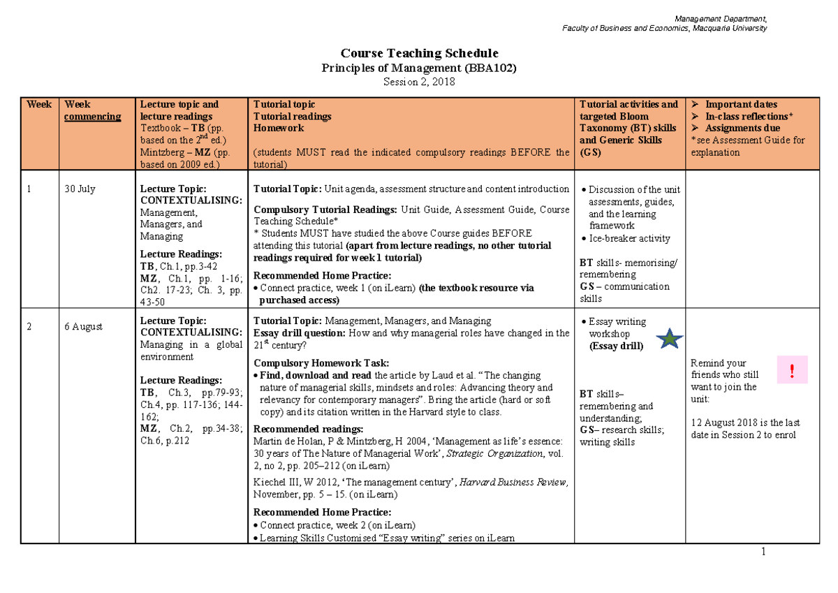 Course Teaching Schedule - Management Department, Faculty of Business ...