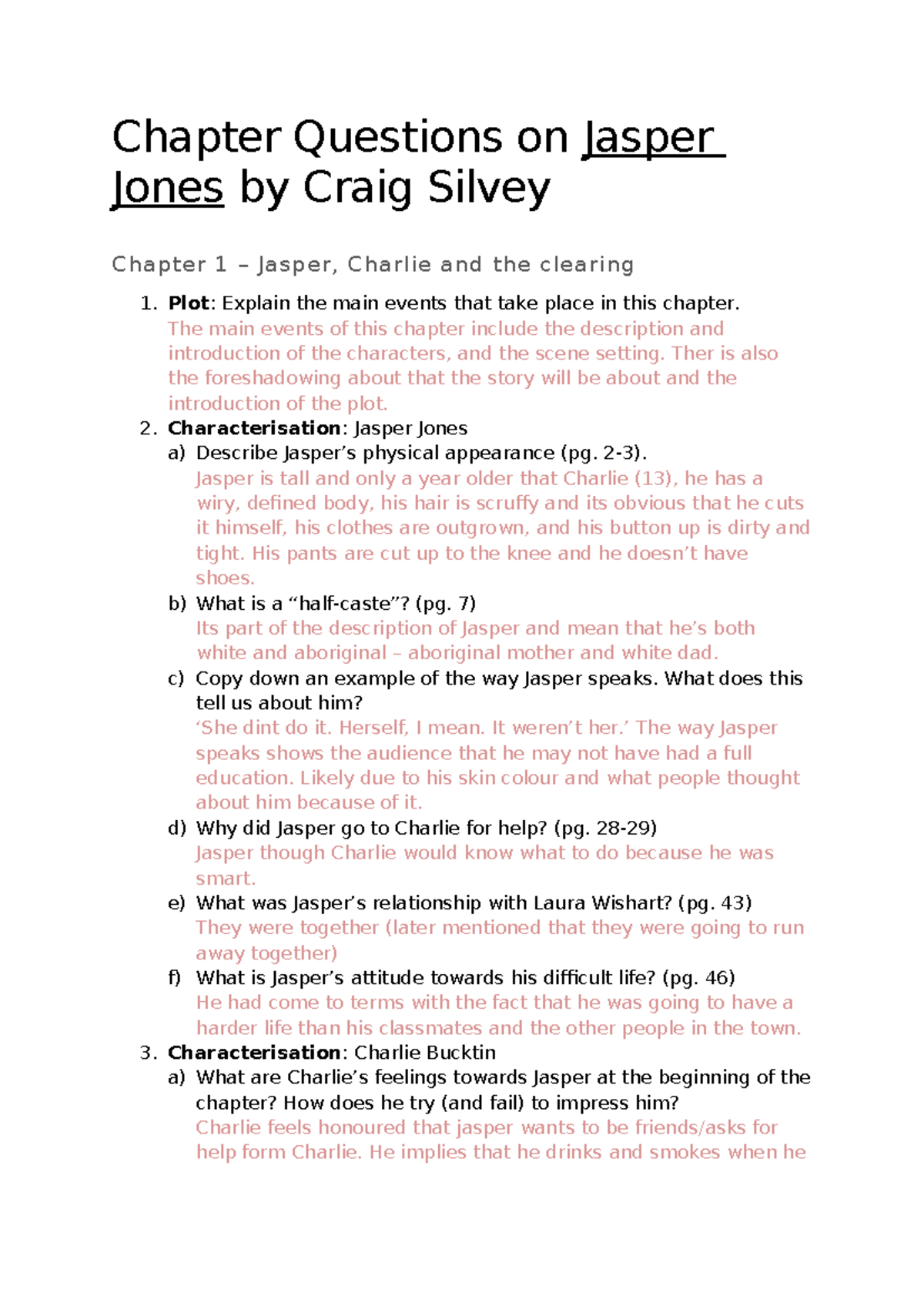 Chapter Questions on Jasper Jones - The main events of this chapter ...