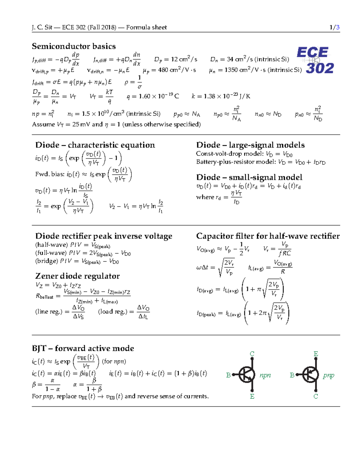 ECE 302 formula sheet v03 - J. C. Sit — ECE 302 (Fall 2018) — Formula ...