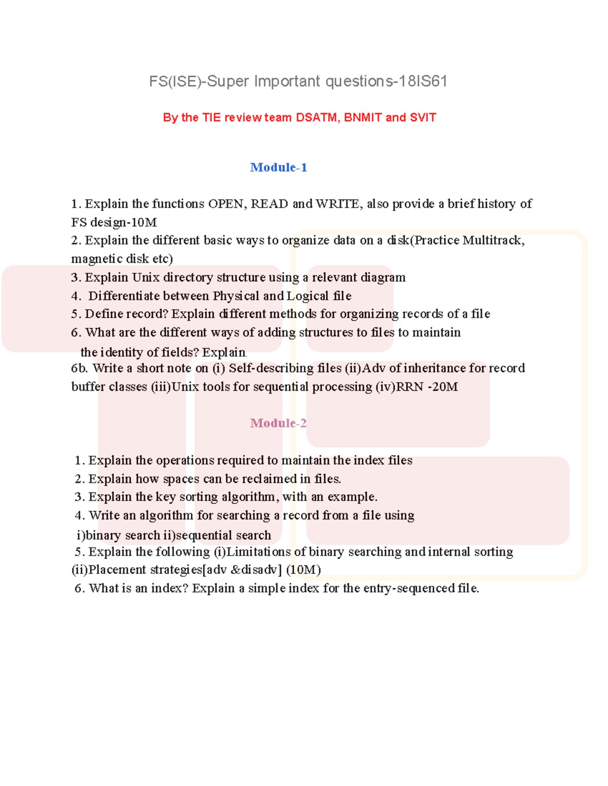 Fs Simp 22 1 Imp Que Fs Ise Super Important Questions 18is By The Tie Review Team Dsatm