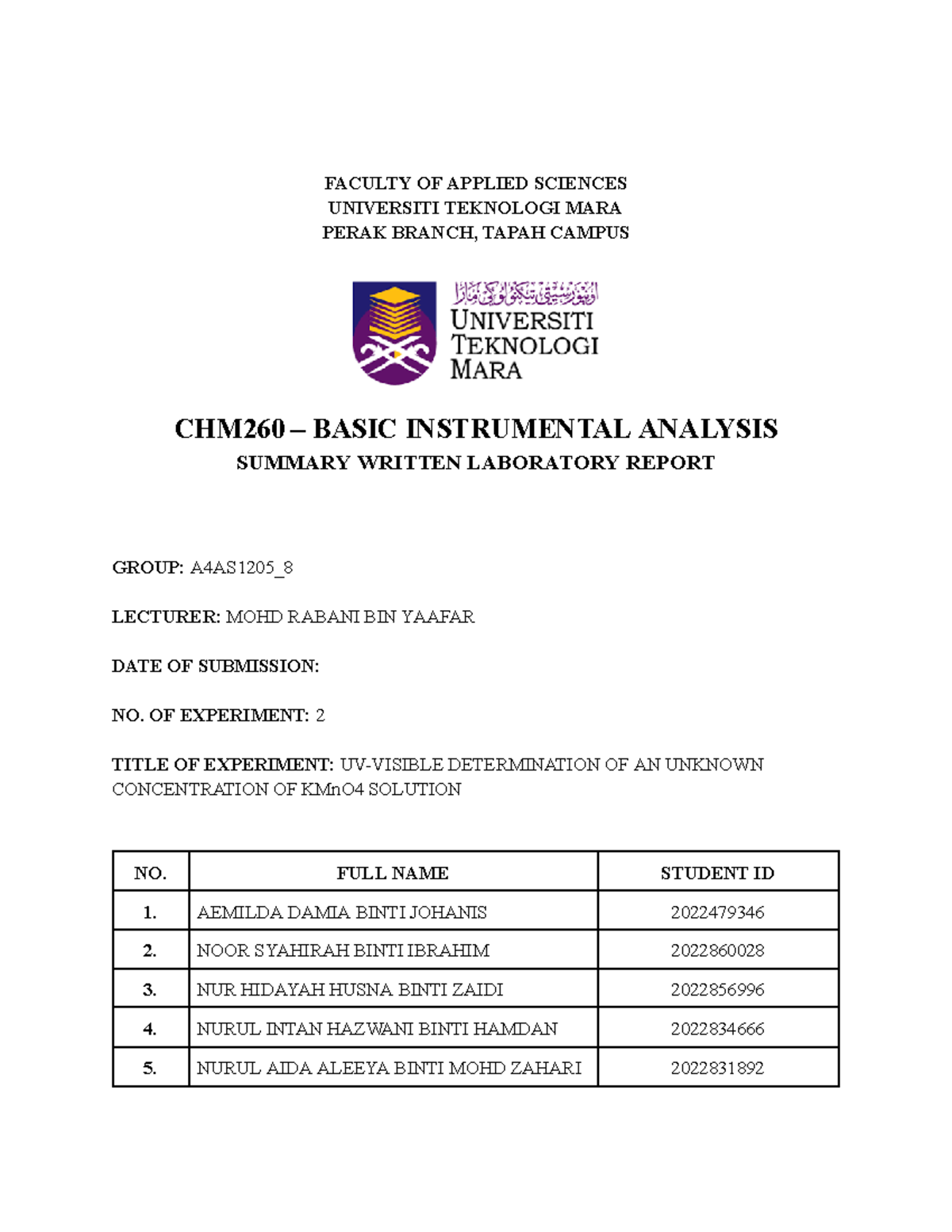 Lab report CHM260. (Exp2) - FACULTY OF APPLIED SCIENCES UNIVERSITI ...