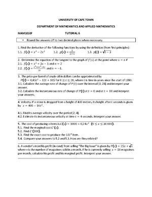 Tutorial+2 - MAM1010F Tutorial - UNIVERSITY OF CAPE TOWN DEPARTMENT OF ...