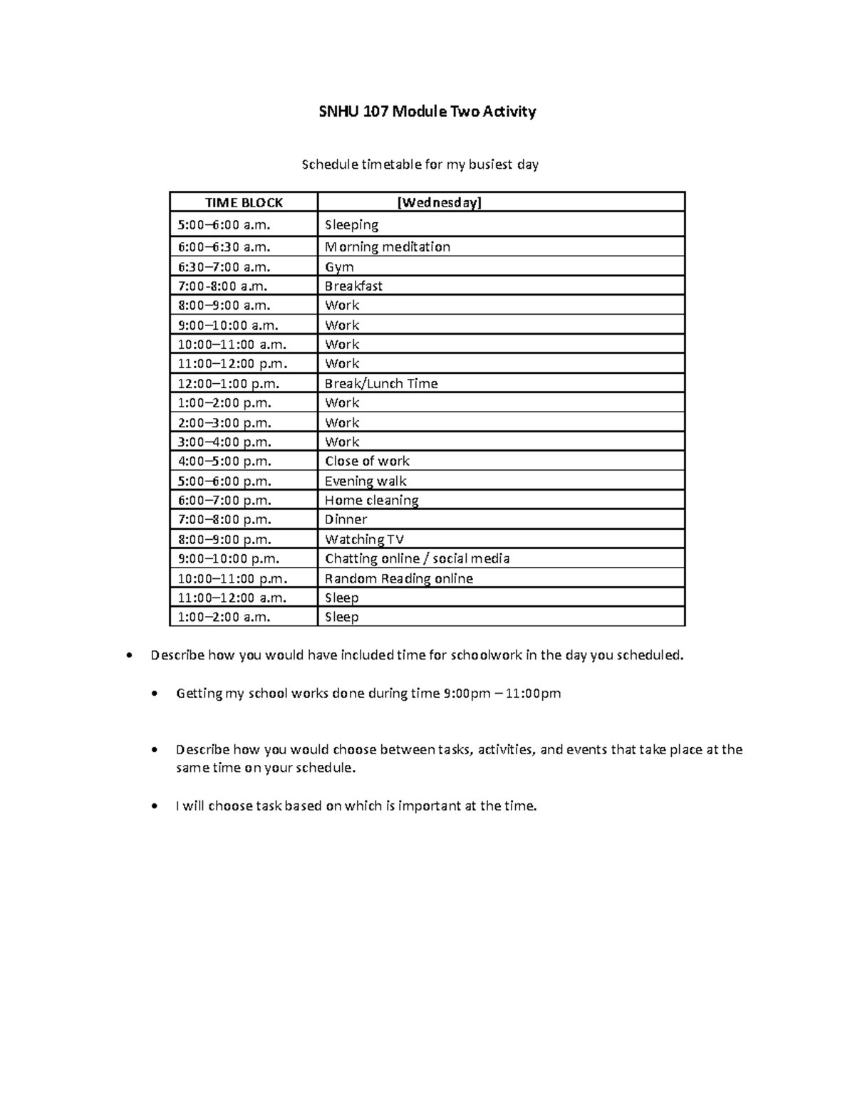 SNHU 107 Module 2 activity - SNHU 107 Module Two Activity Schedule ...