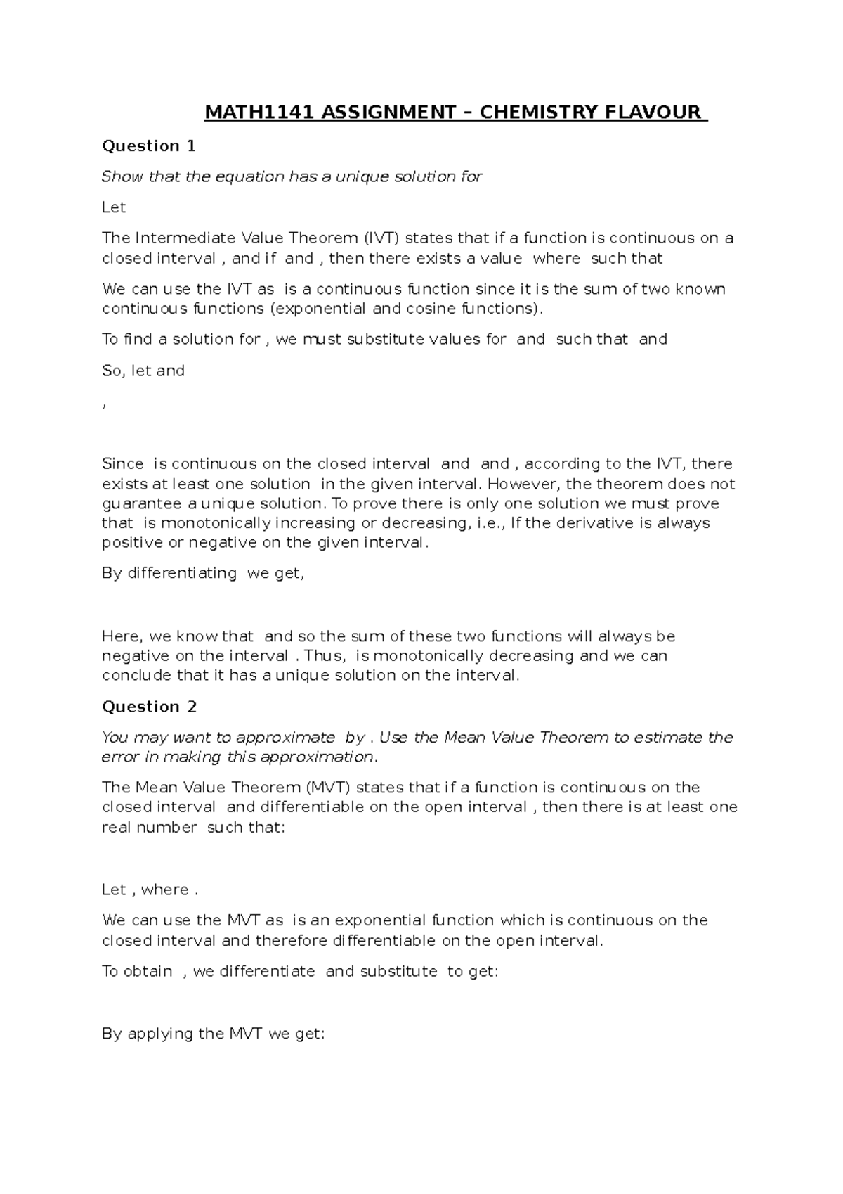MATH1141 assignment chemistry flavour - MATH1141 ASSIGNMENT – CHEMISTRY FLAVOUR Question 1 Show ...