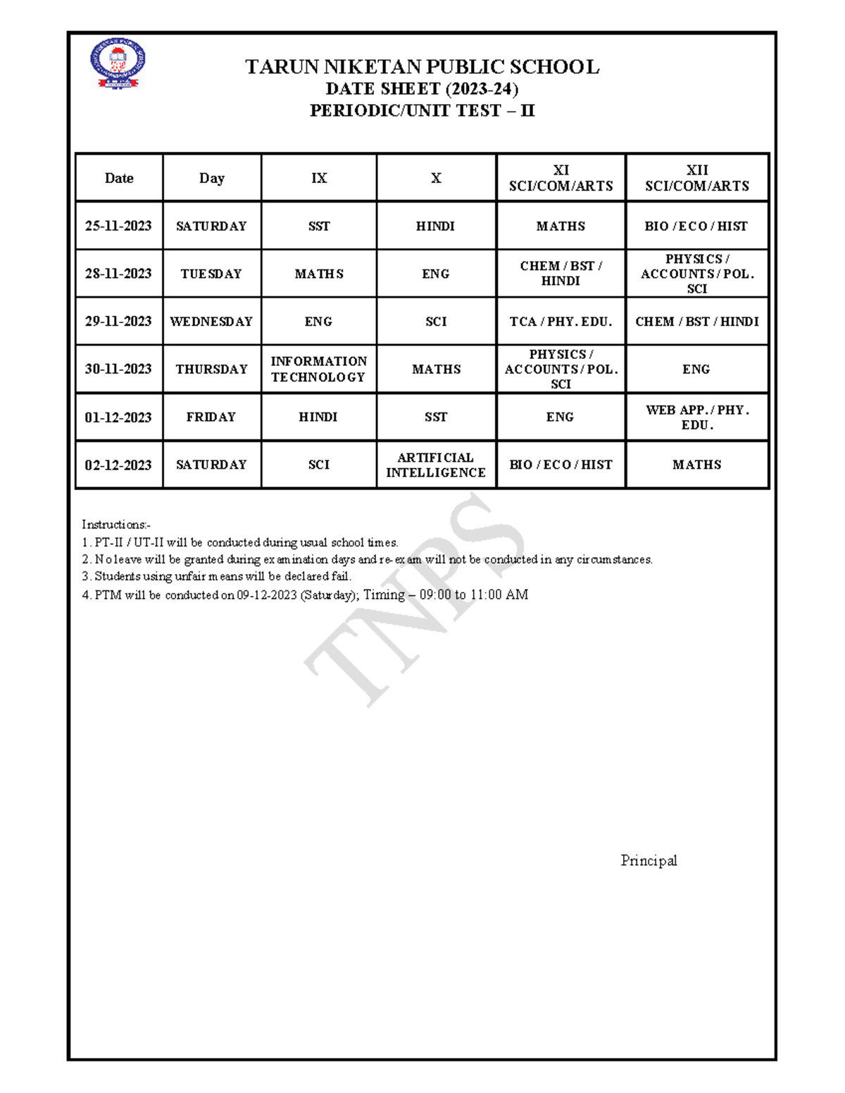 Date Sheet PT-II (2023-24) (IX to XII) - TARUN NIKETAN PUBLIC SCHOOL ...