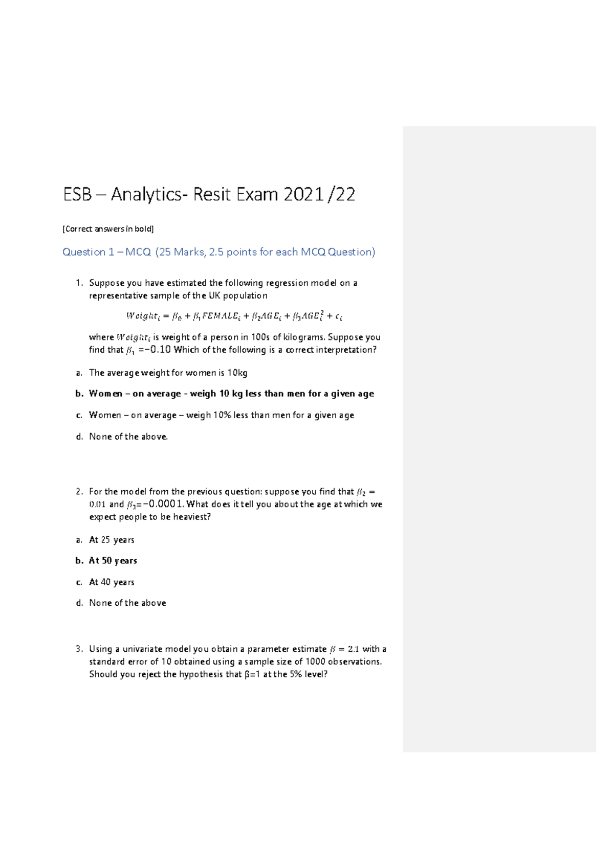 ESB2021 resit with solution - ESB – Analytics- Resit Exam 2021 / [Correct answers in bold ...