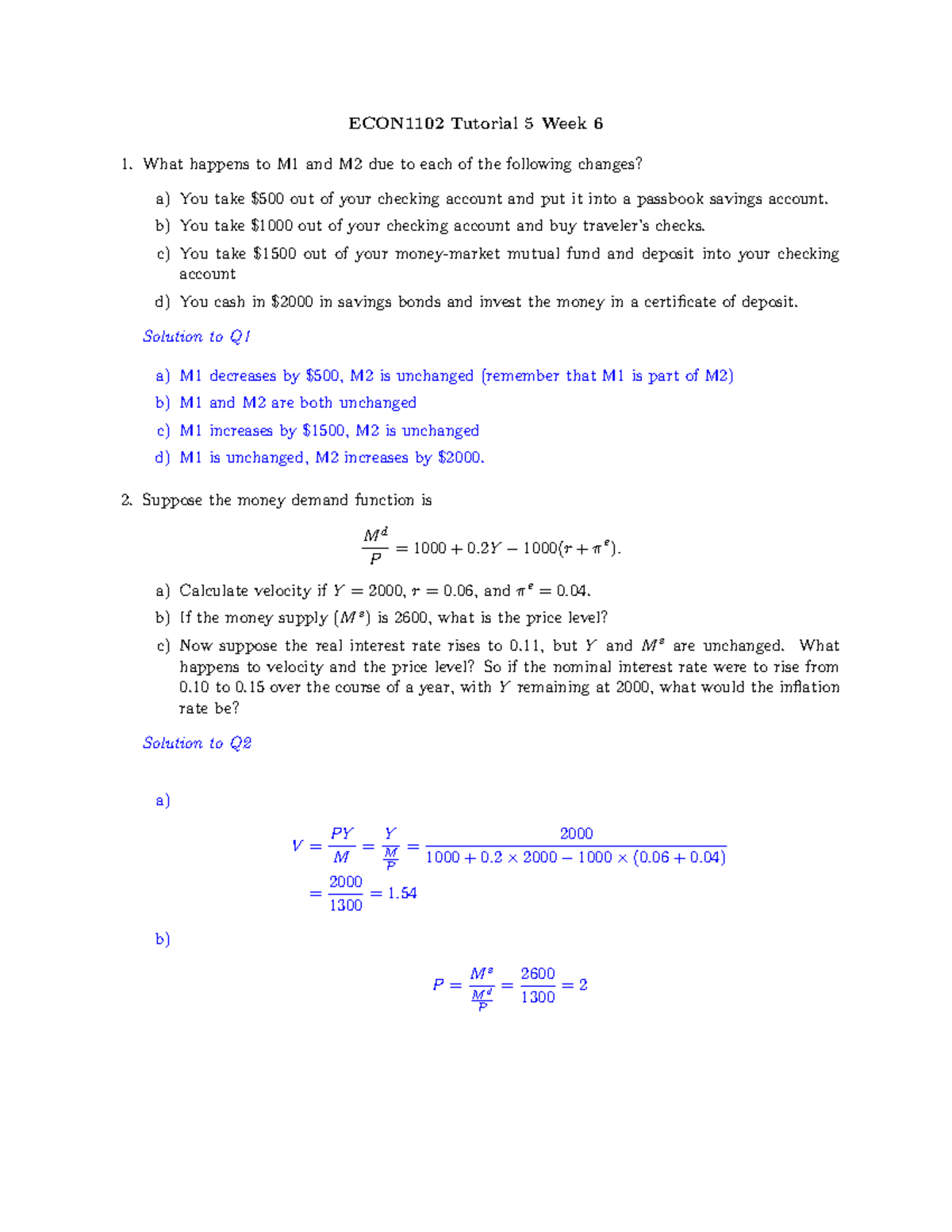 Tutorial 5 ECON1102 sol - ECON1102 Tutorial 5 Week 6 What happens to M1 ...