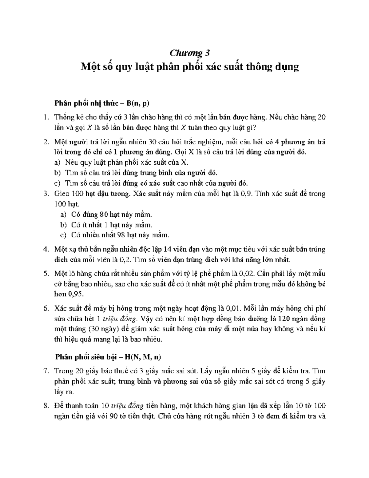 Bài tập chương 3 New - Bnnhh - Chương 3 Một số quy luật phân phối xác ...