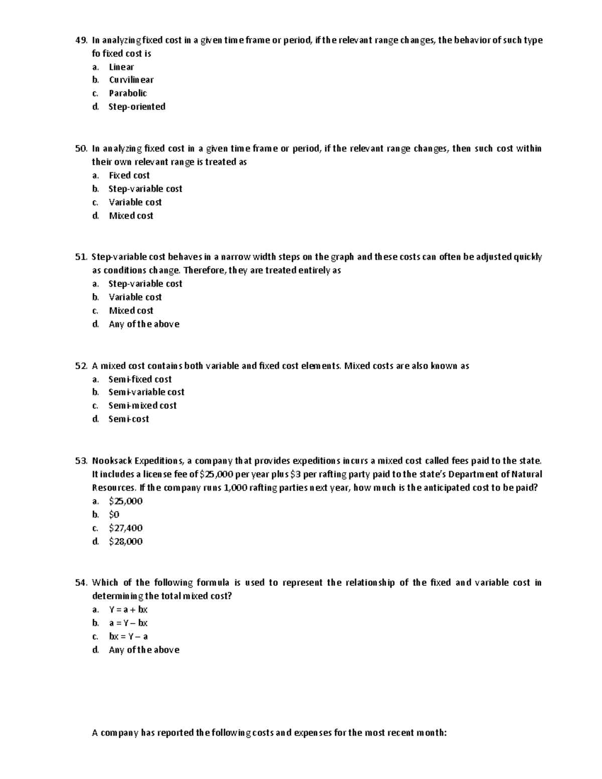 Part 8 - multiple choice - In analyzing fixed cost in a given time ...