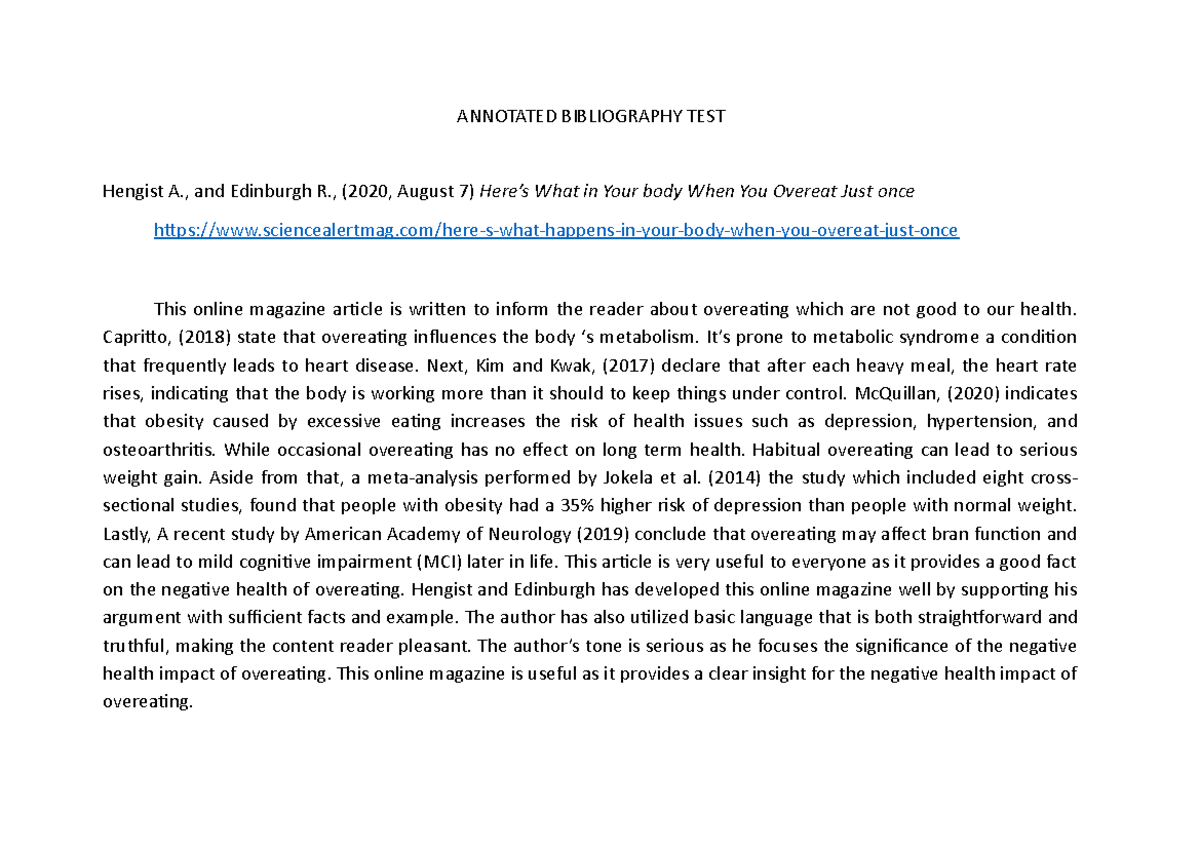 Annotated Bibliography TEST - ANNOTATED BIBLIOGRAPHY TEST Hengist A ...