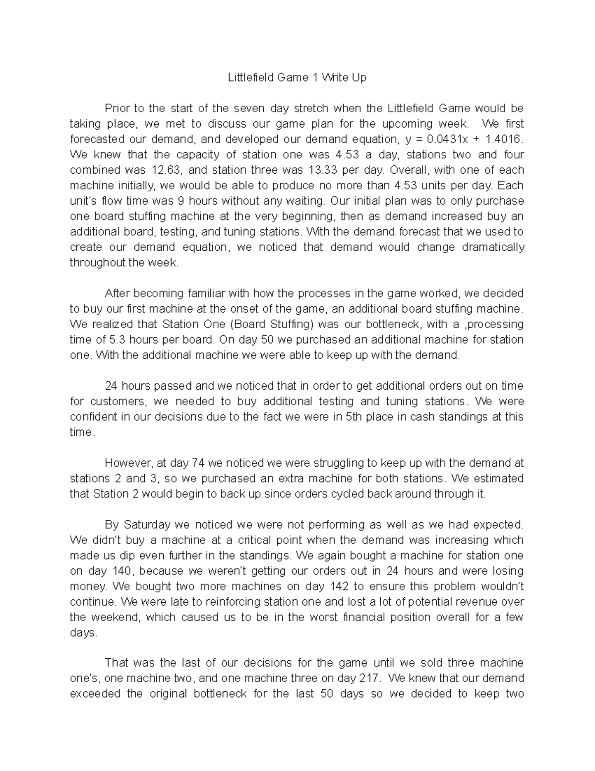 Littlefield GAME Write UP - Littlefield Game 1 Write Up Prior to the ...