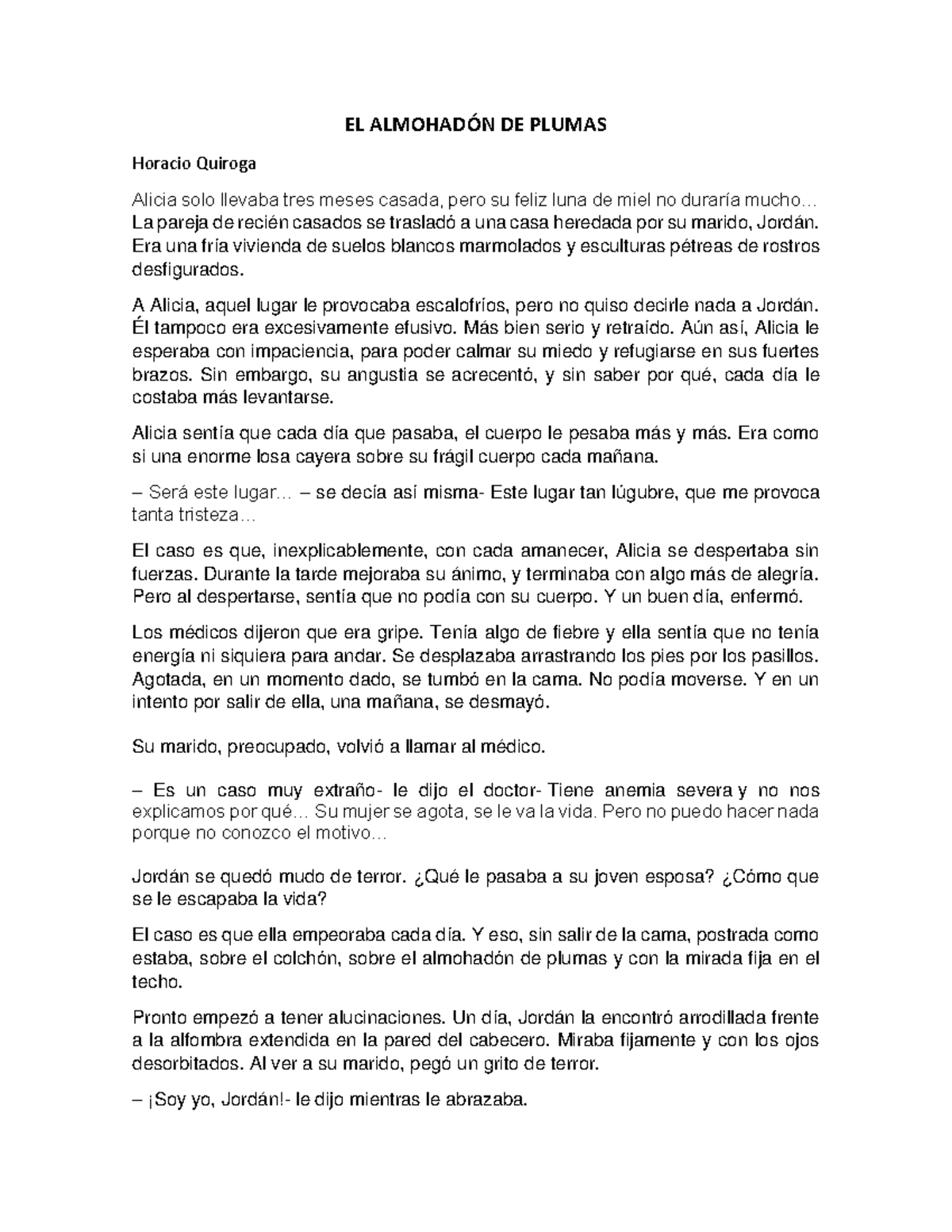 EL Almohadon DE Plumas - Buena - EL ALMOHADÓN DE PLUMAS Horacio Quiroga ...