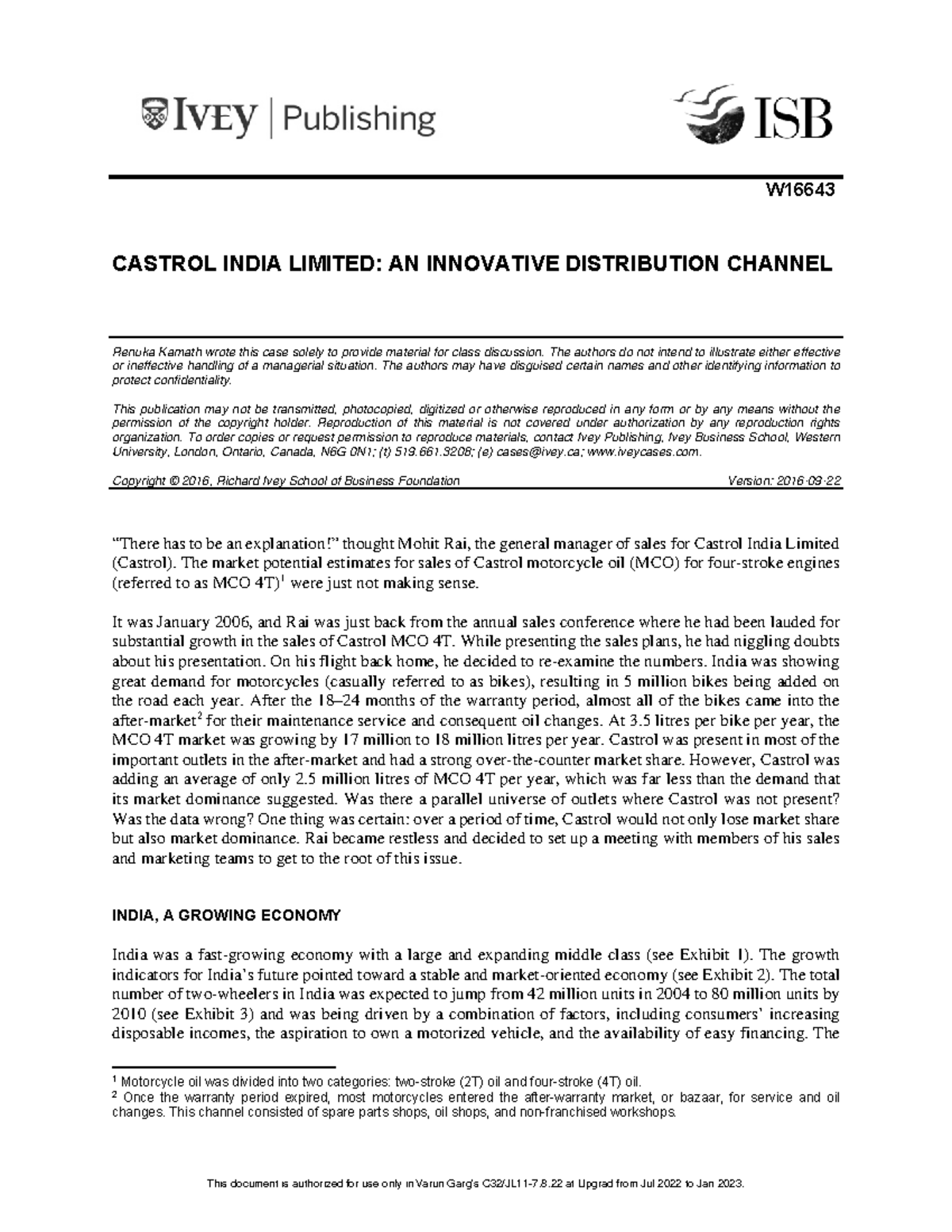 Castrol Casestudy - W CASTROL INDIA LIMITED: AN INNOVATIVE DISTRIBUTION CHANNEL Renuka Kamath ...