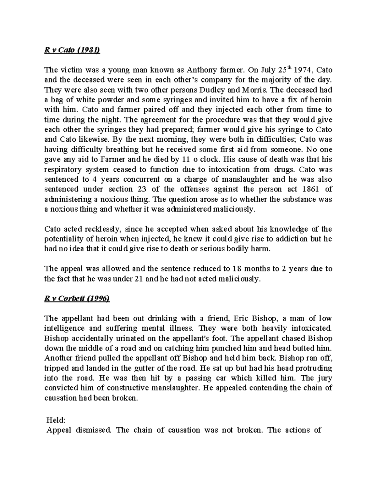 R v Cato and R v Corbett - Summary Criminal Law I - R v Cato (1981) The ...