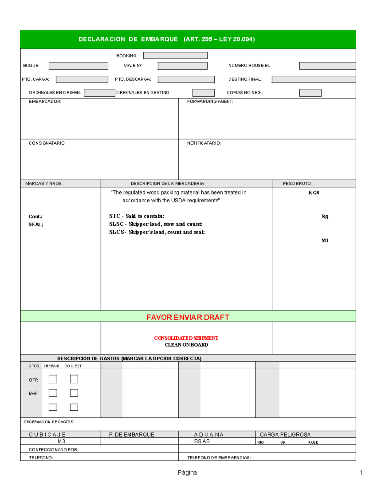 Modelo declaracion de embarque - Página 1 DECLARACION DE EMBARQUE (ART ...