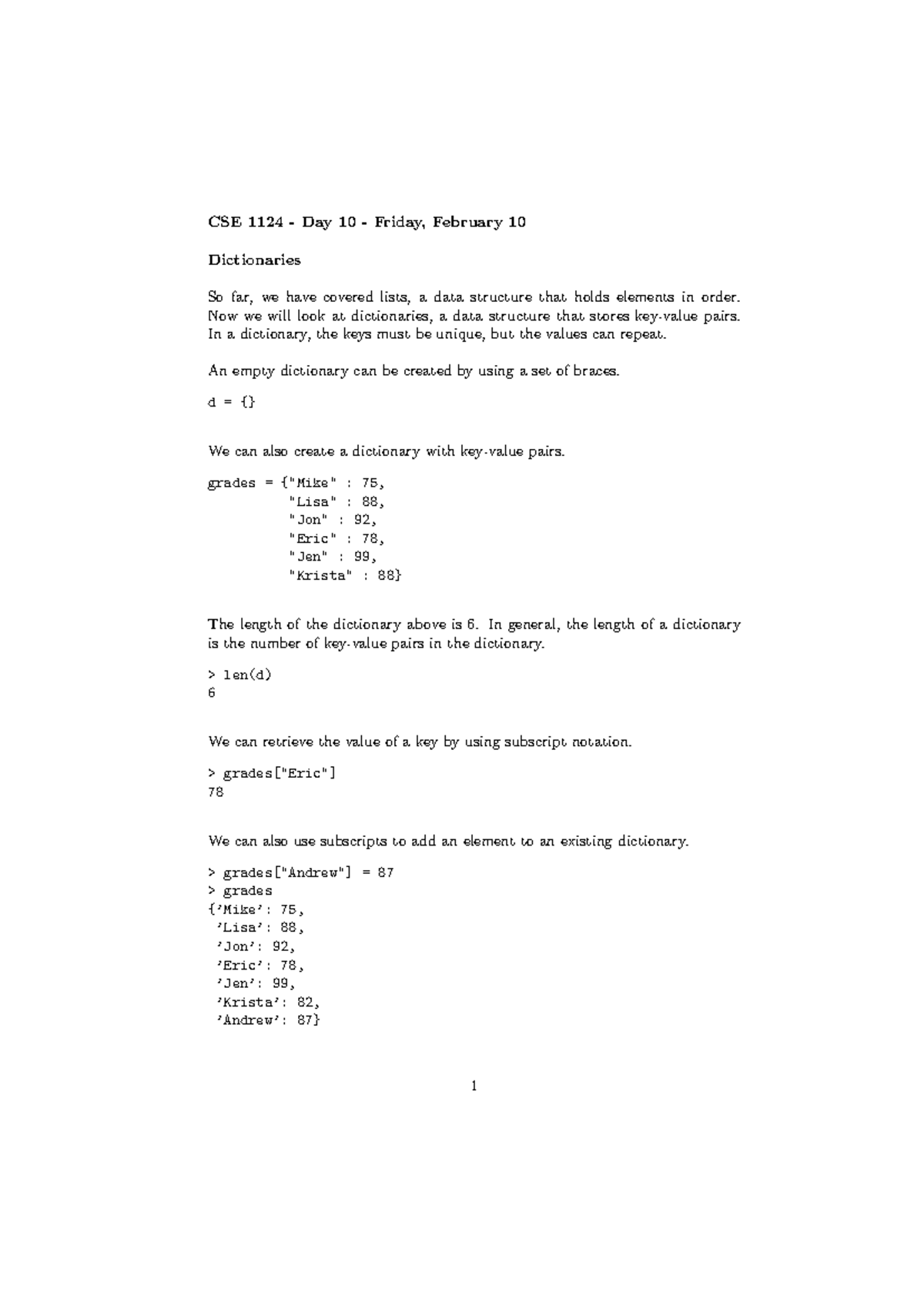 1224 Day 6 Dictionaries 1 - CSE 1124 - Day 10 - Friday, February 10 ...