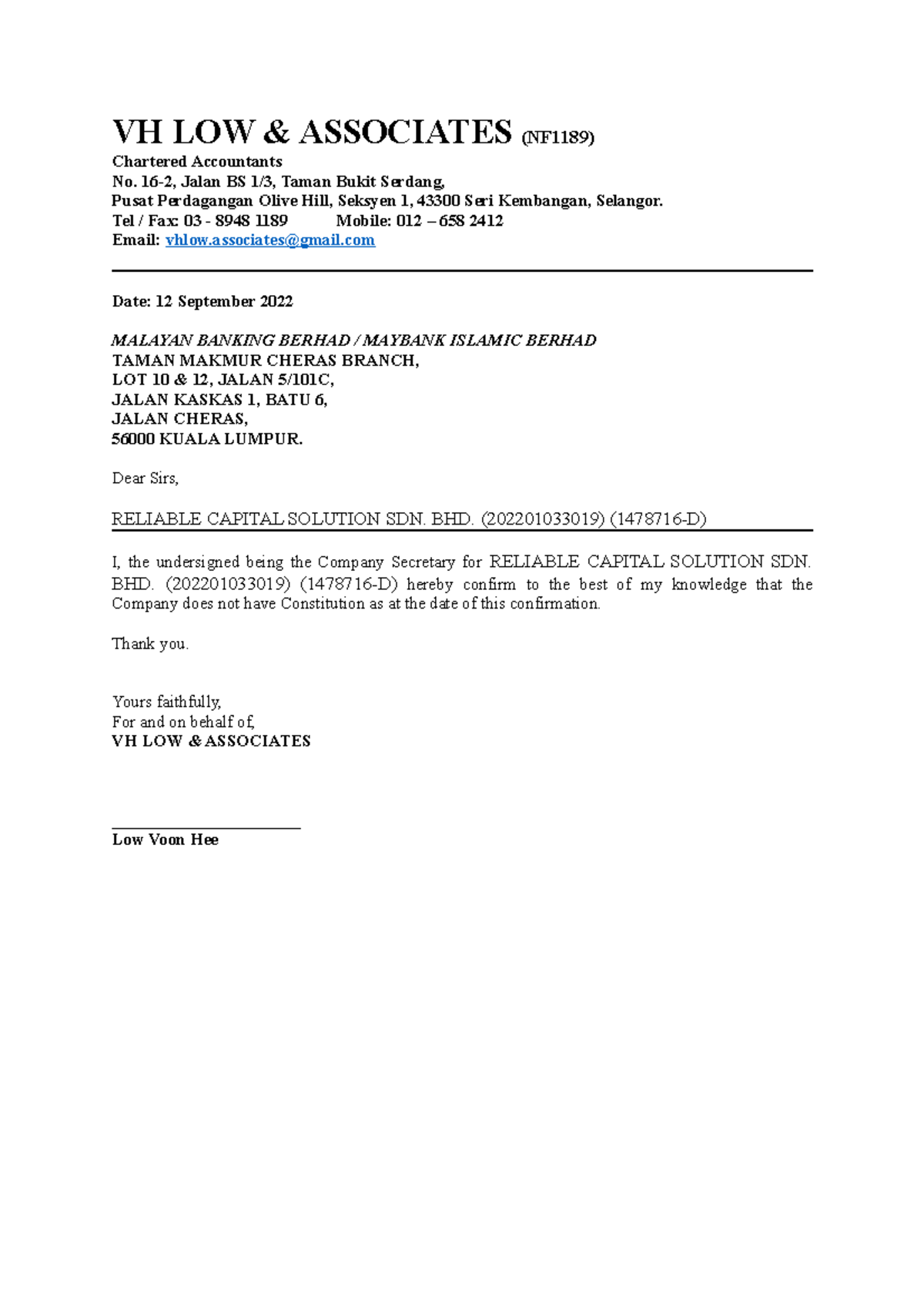 Letter of Confirmation to MBB - No Constitution - VH LOW & ASSOCIATES ...