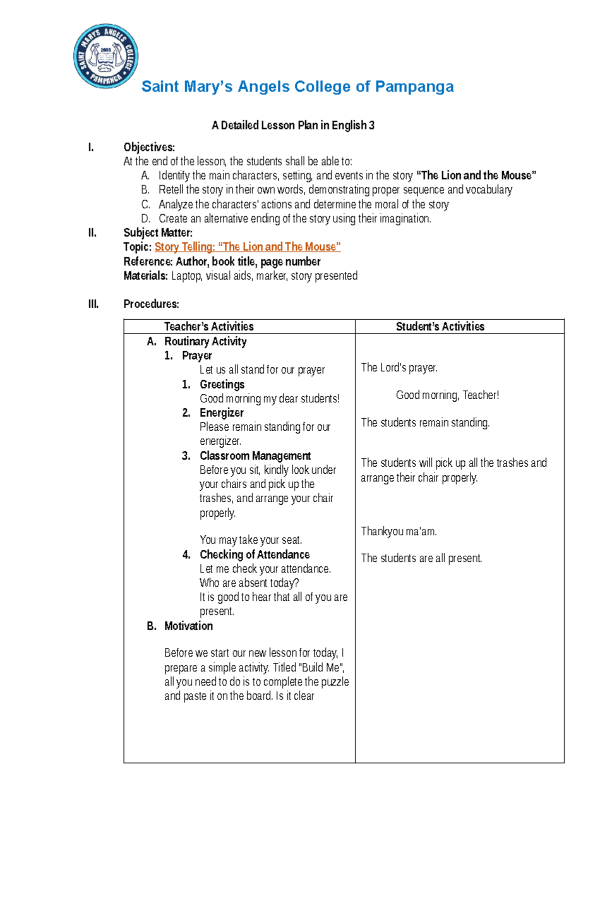Story- Telling-DLP - Saint Mary’s Angels College of Pampanga A Detailed Lesson Plan in English 3 ...