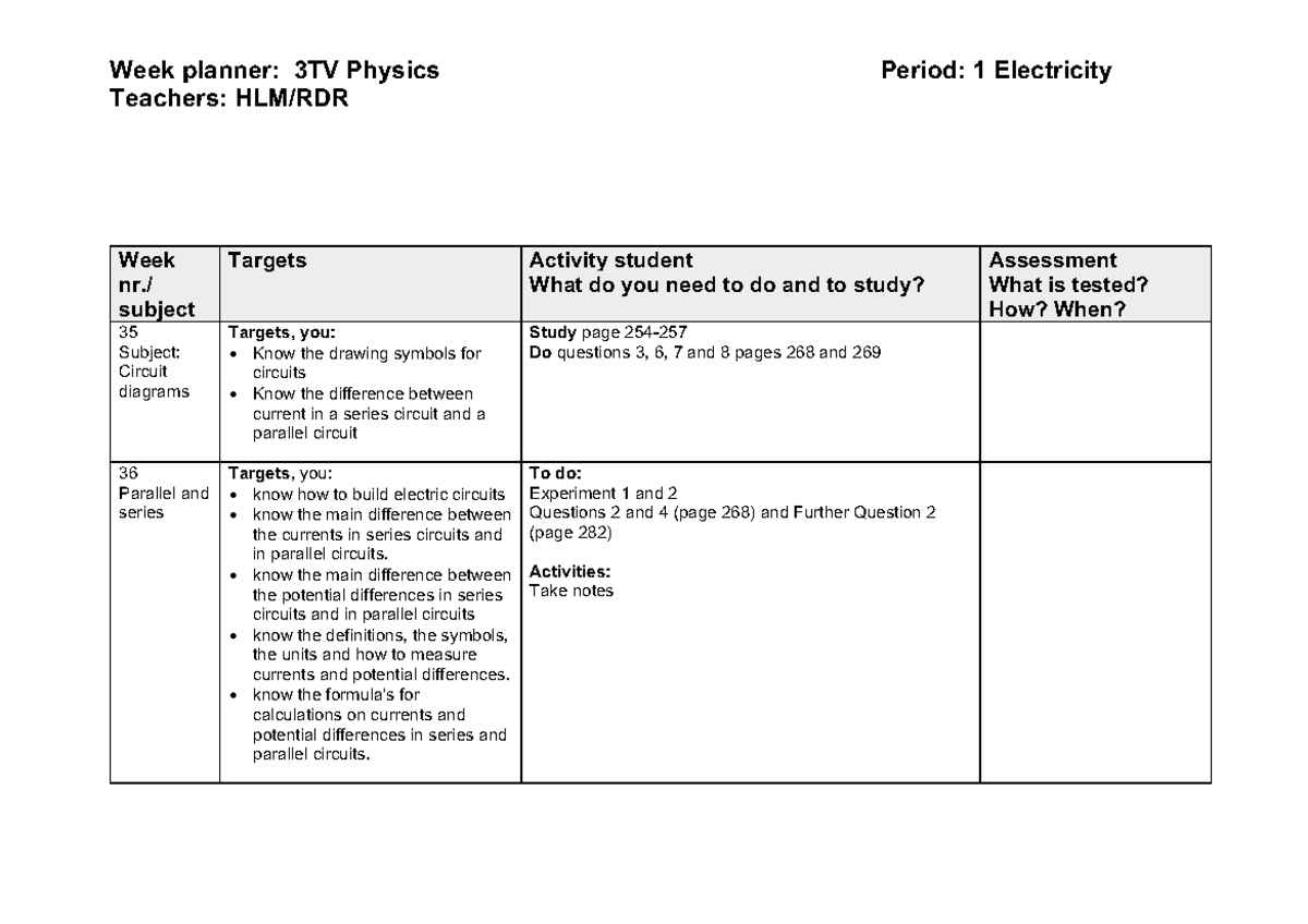 3T Electricity planner with Targets - Week planner: 3TV Physics Period ...